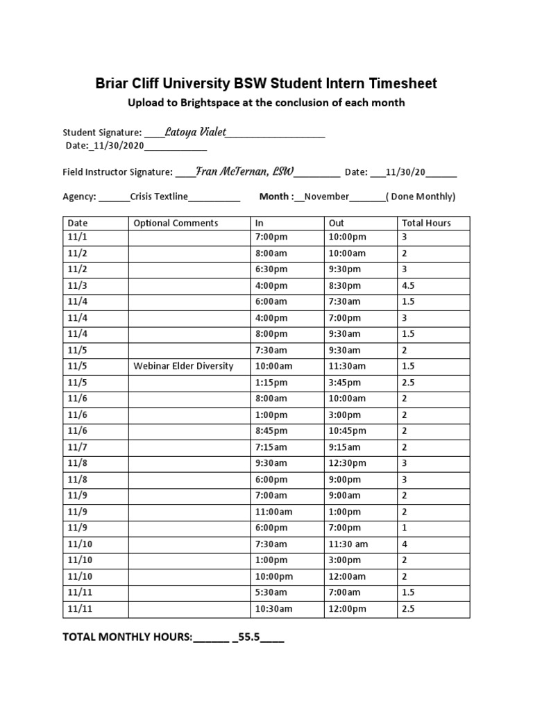 November BSW Student Intern Timesheet - Signed | PDF