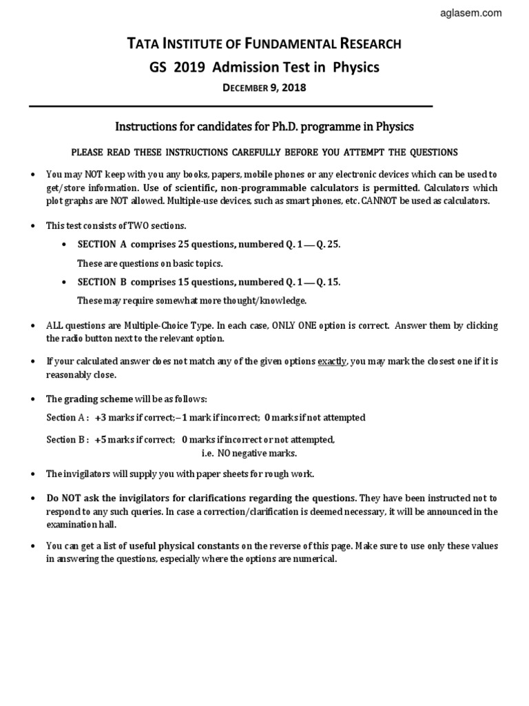 TIFR GS 2019 Question Paper Physics PHD | Download Free PDF | Electronvolt | Wave Function