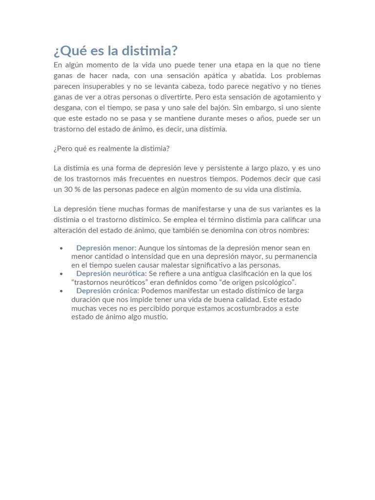 Qué Es La Distimia | PDF | Depresión (estado de ánimo) | Trastorno ...