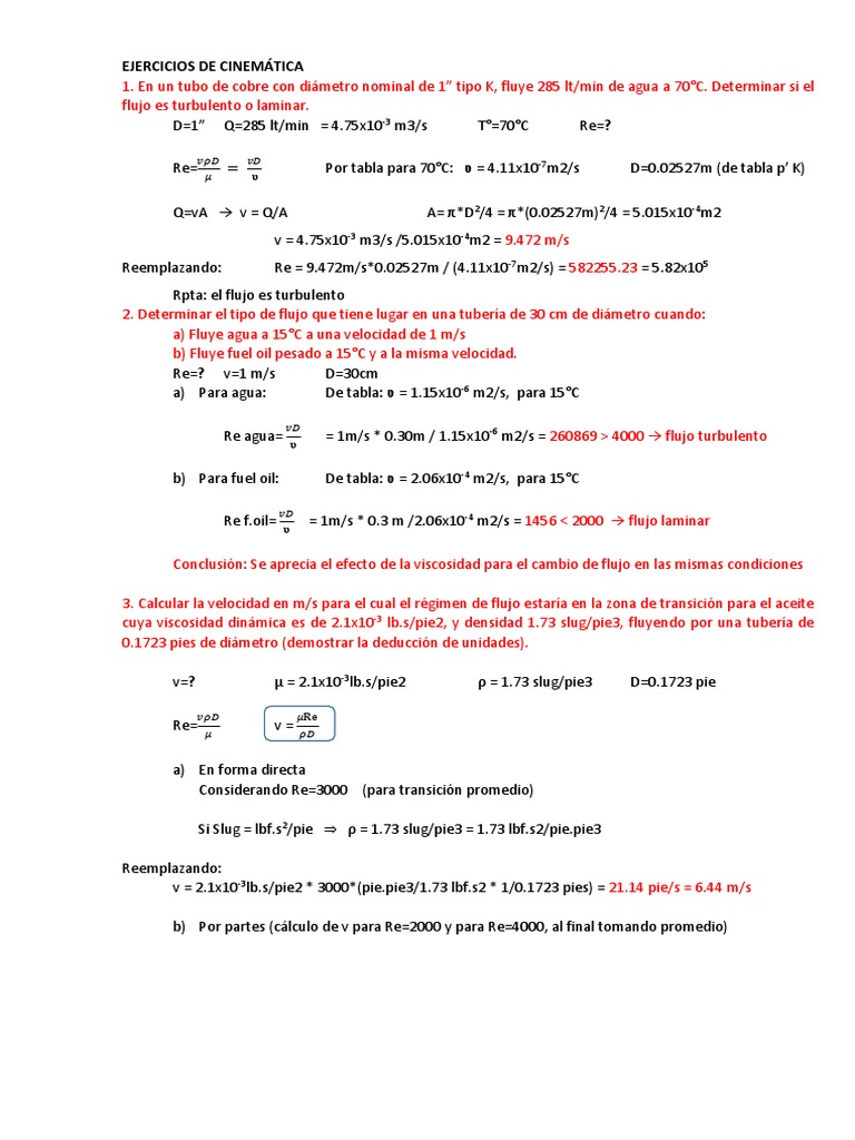 Ejercicios de Cinemática | PDF | Numero Reynolds | Viscosidad