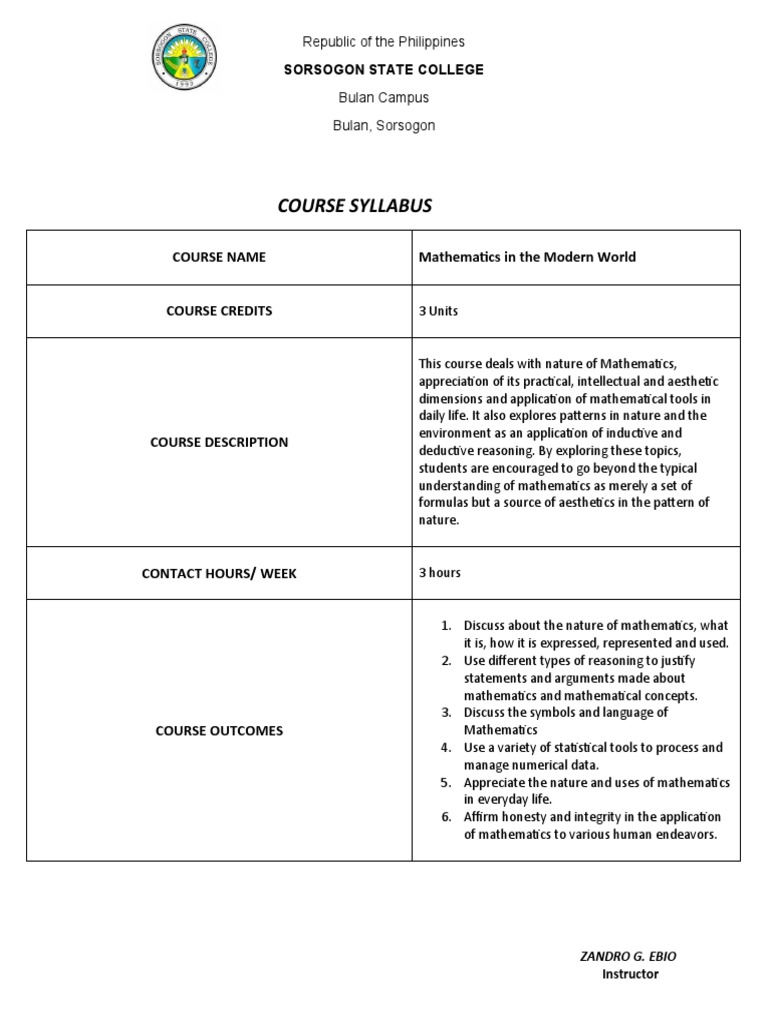 SYLLABUS (Mathematics in The Modern World) | PDF | Reason | Teaching ...