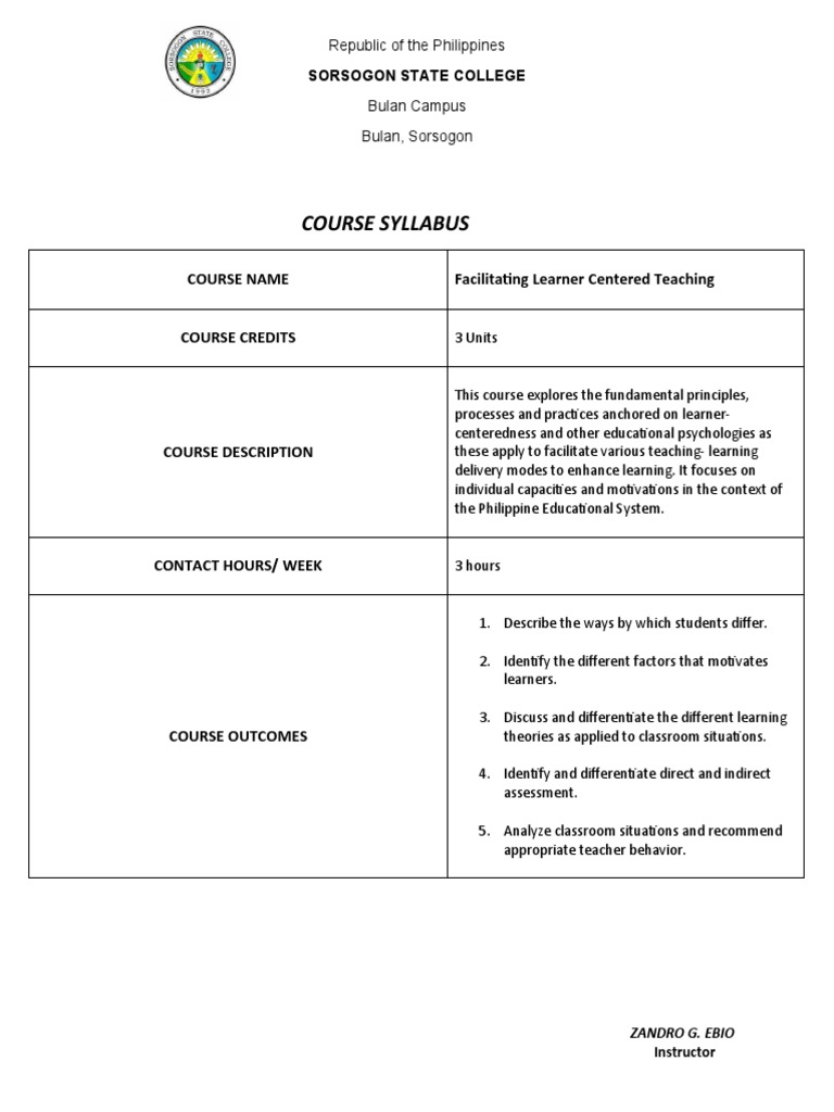 SYLLABUS (Facilitating Learner Centered Teaching) | PDF | Behaviorism | Learning