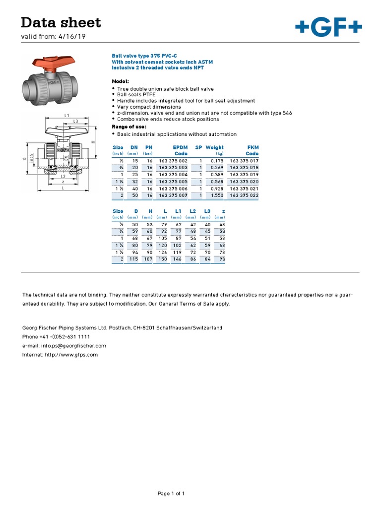 PVC-C Ball Valve Type 375 Data Sheet | PDF | Valve | Building Engineering