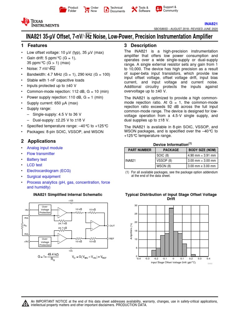 INA821 35 - V Offset, 7-nV/ HZ Noise, Low-Power, Precision Instrumentation Amplifier | PDF ...