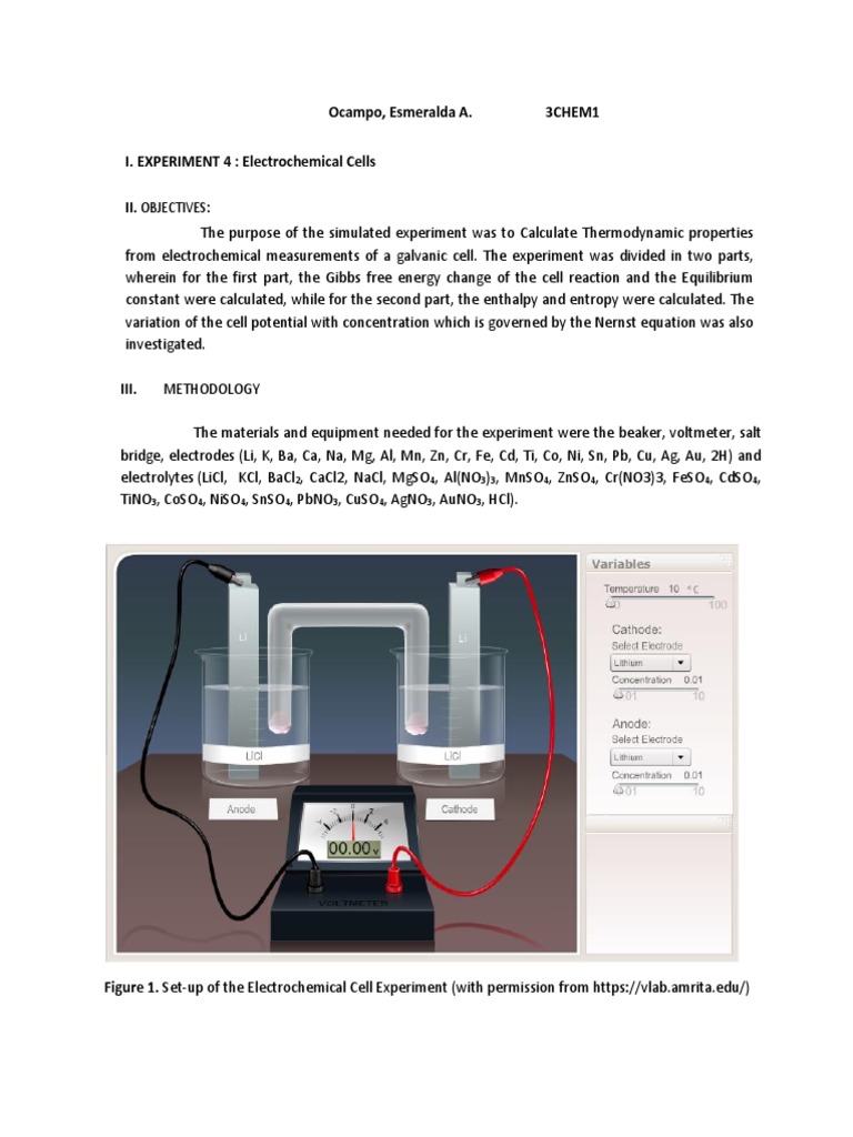 Experiment 4. Electrochemical Cells. Ocampo. 3CHEM1 PDF | PDF ...