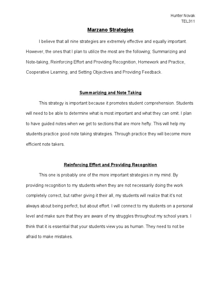 Marzano Strategies Tel311 Weebly | PDF | Education Theory | Pedagogy