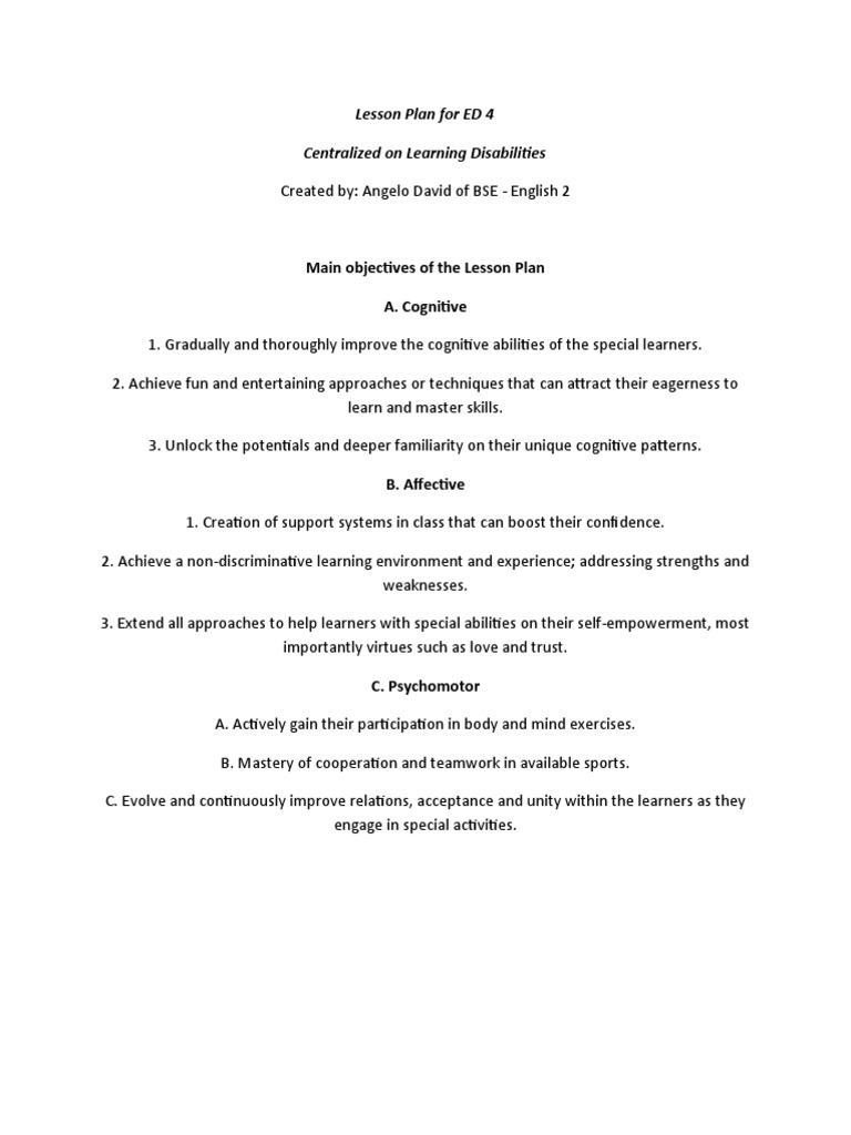 Lesson Plan For ED 4 Centralized On Learning Disabilities: Main ...