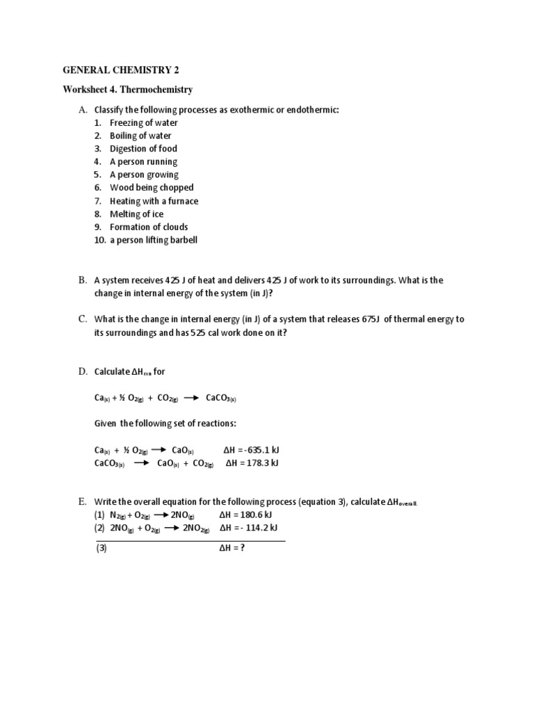 General Chemistry 2 Worksheet 4. Thermochemistry | PDF | Science ...
