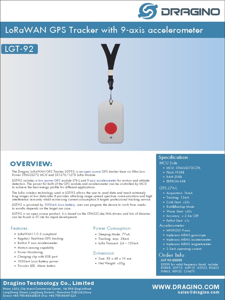 Lorawan Gps Tracker With 9-Axis Accelerometer Lgt-92: Overview | PDF ...