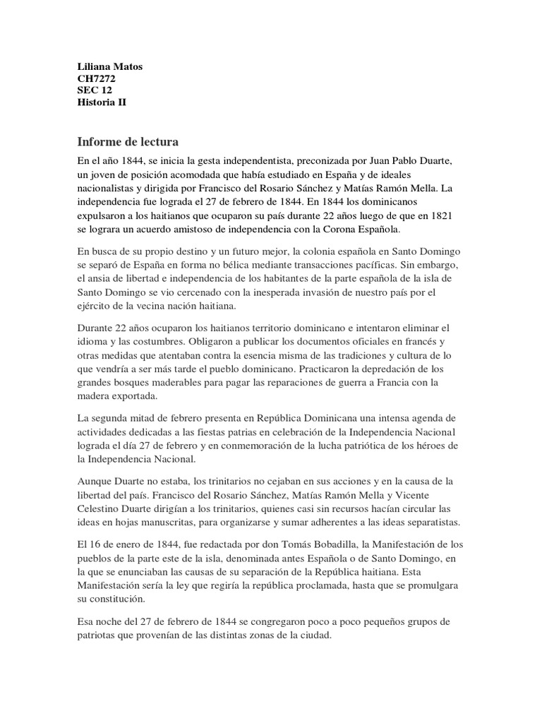 Informe sobre la Independencia Dominicana | PDF | República Dominicana ...