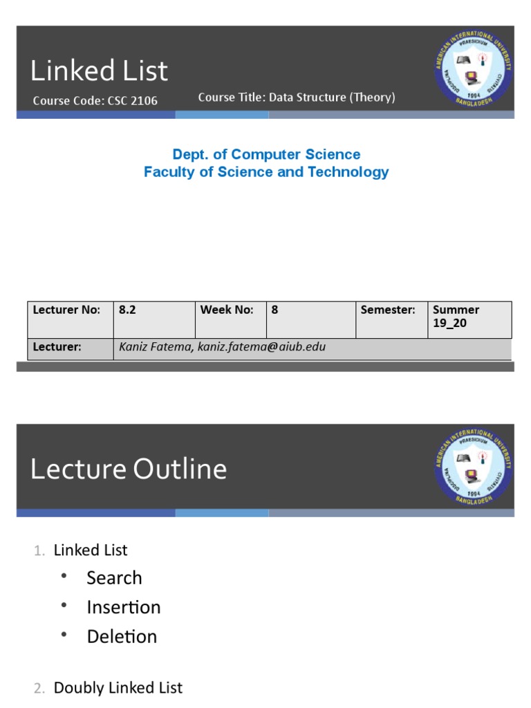 Linked List: Dept. of Computer Science Faculty of Science and Technology | PDF | Algorithms And ...