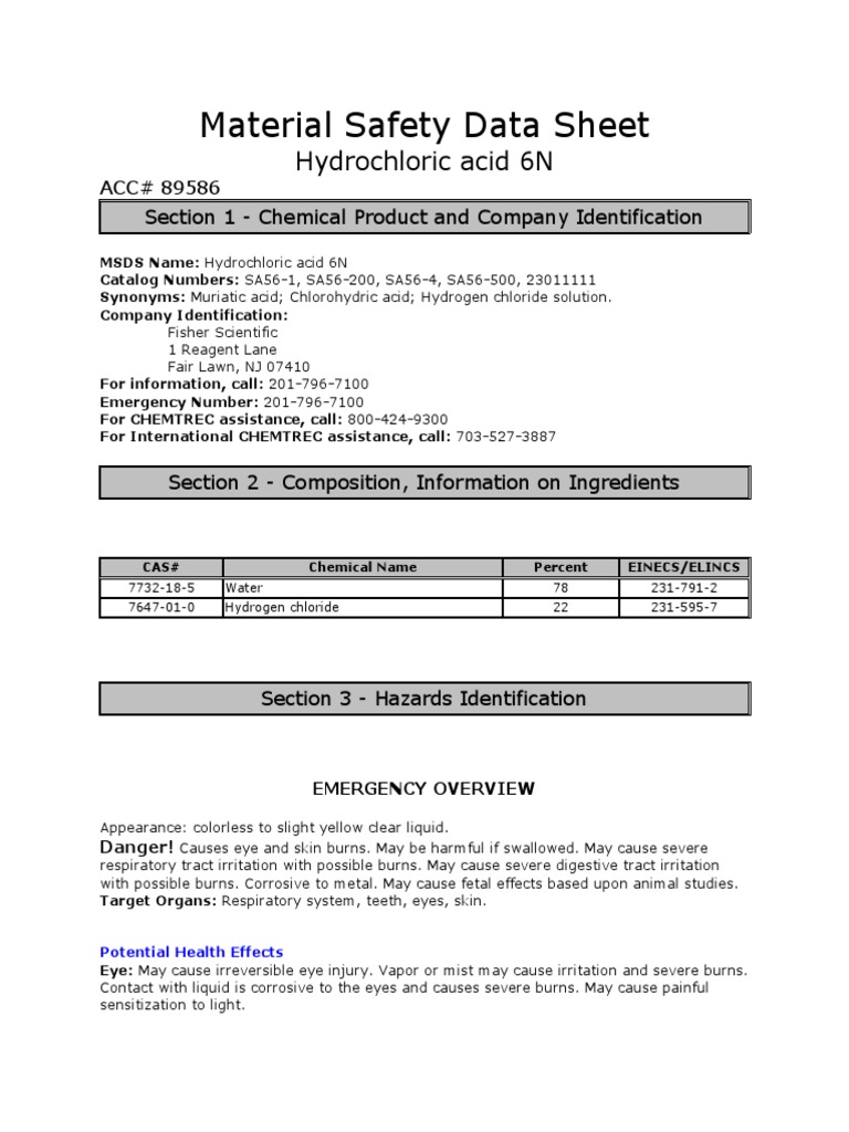 Msds HCL PDF Chlorine Hydrochloric Acid