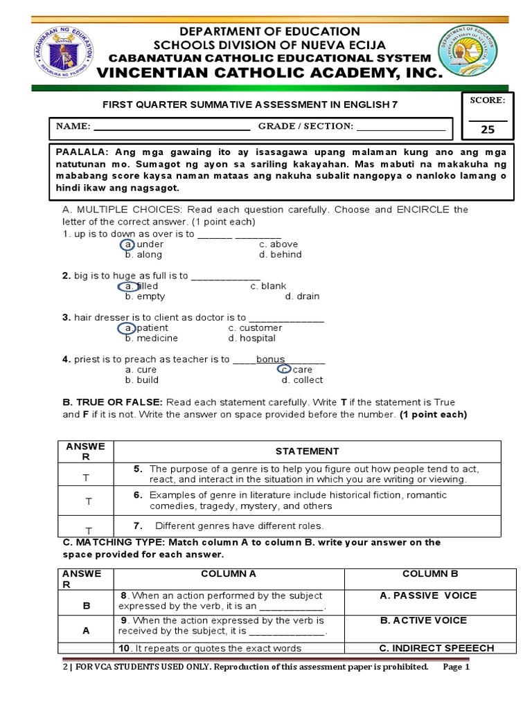 Score:: 2 - FOR VCA STUDENTS USED ONLY. Reproduction of This Assessment ...