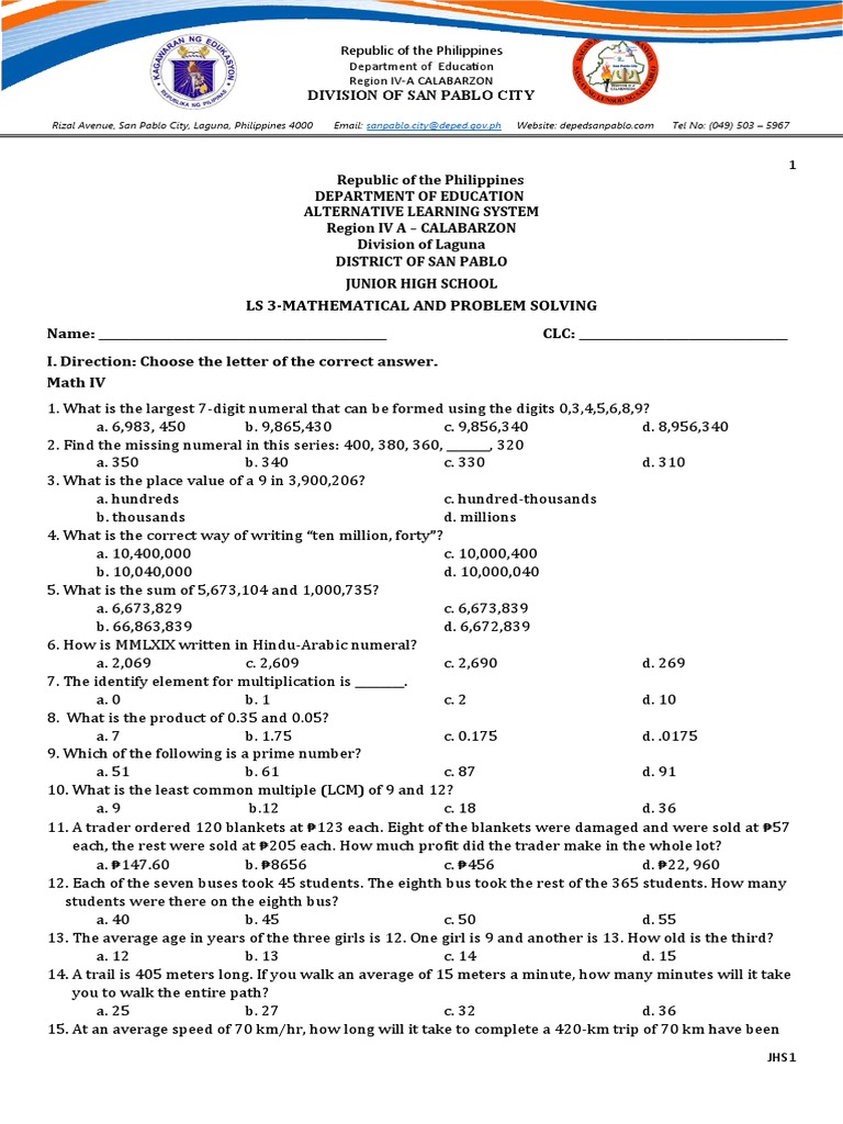 Ls 3-Mathematical and Problem Solving Name: - CLC: - I. Direction ...