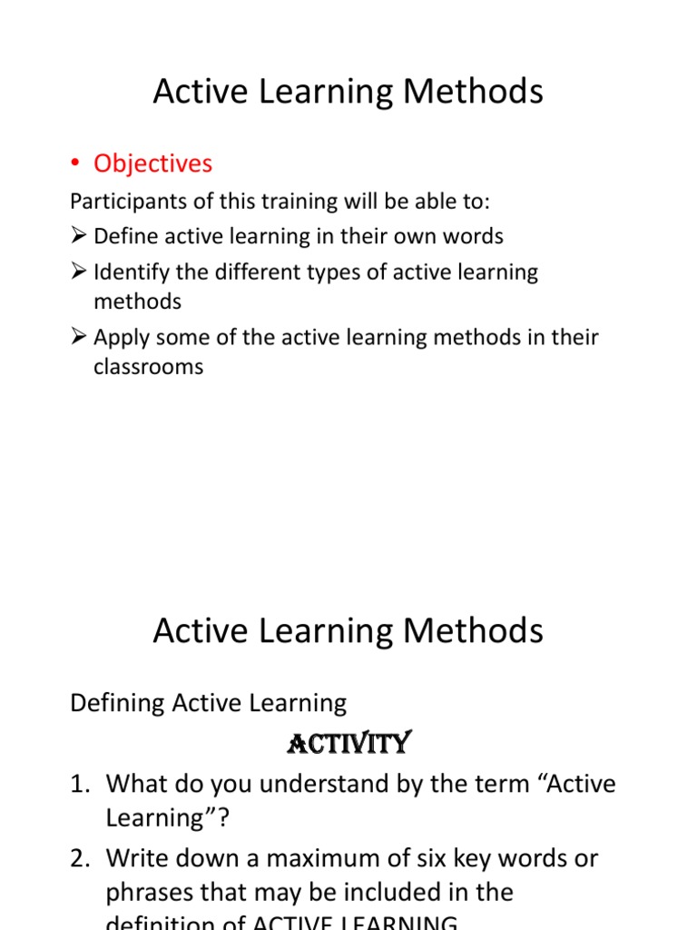 Active Learning Methods: - Objectives | PDF | Lecture | Brainstorming
