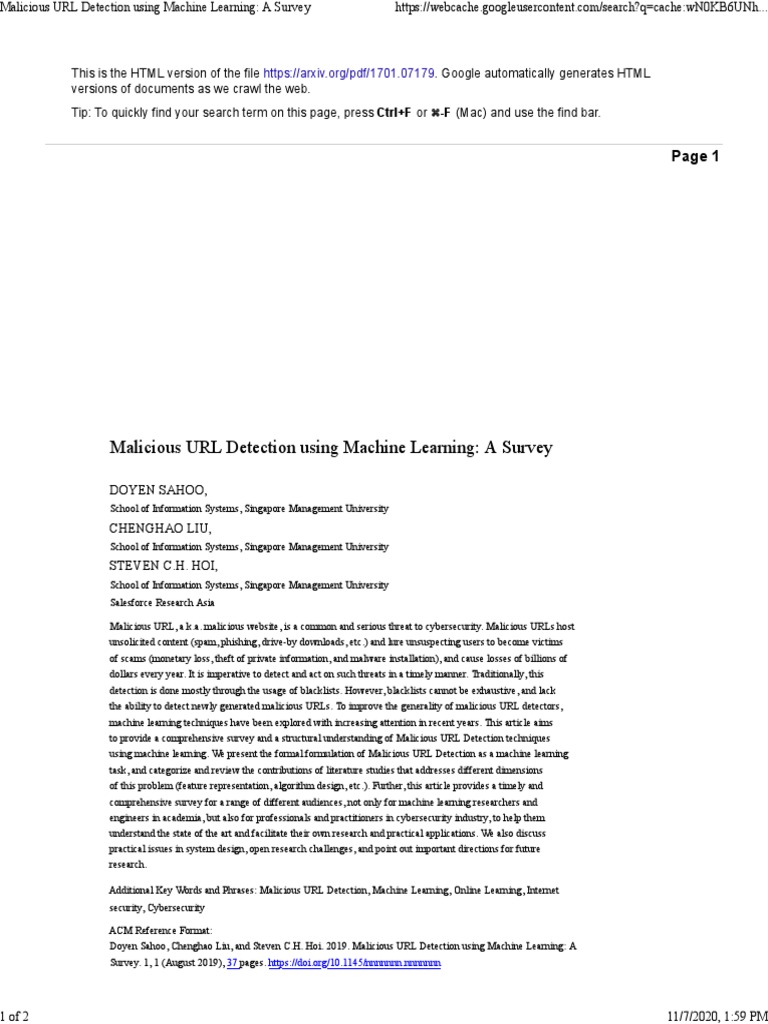 Malicious URL Detection Using Machine Learning: A Survey: Doyen Sahoo ...
