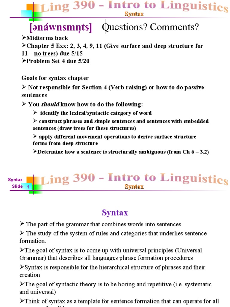 Ling 390 Syntax | PDF | Part Of Speech | Phrase