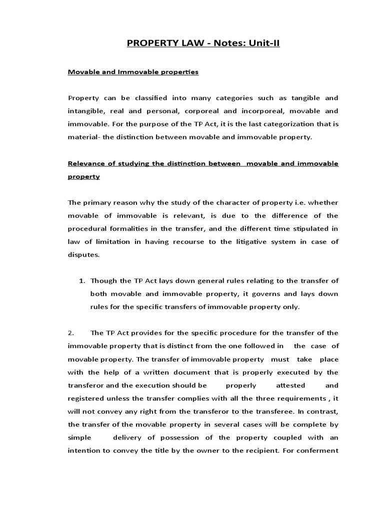 PROPERTY LAW - Notes: Unit-II: Movable and Immovable Properties | PDF ...