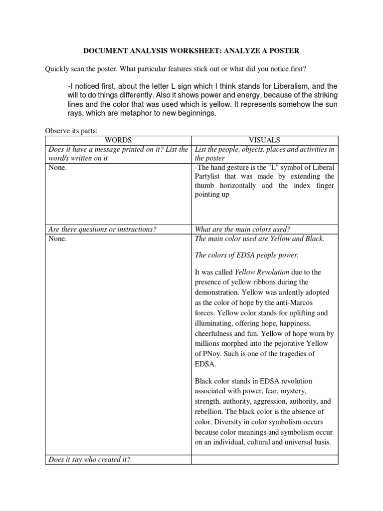 Document Analysis Worksheet: Analyze A Poster | PDF | Corazon Aquino