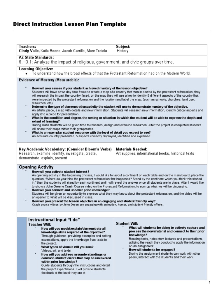 Direct Instruction Lesson Plan Template-Week 6 - Cindy Valle | PDF ...
