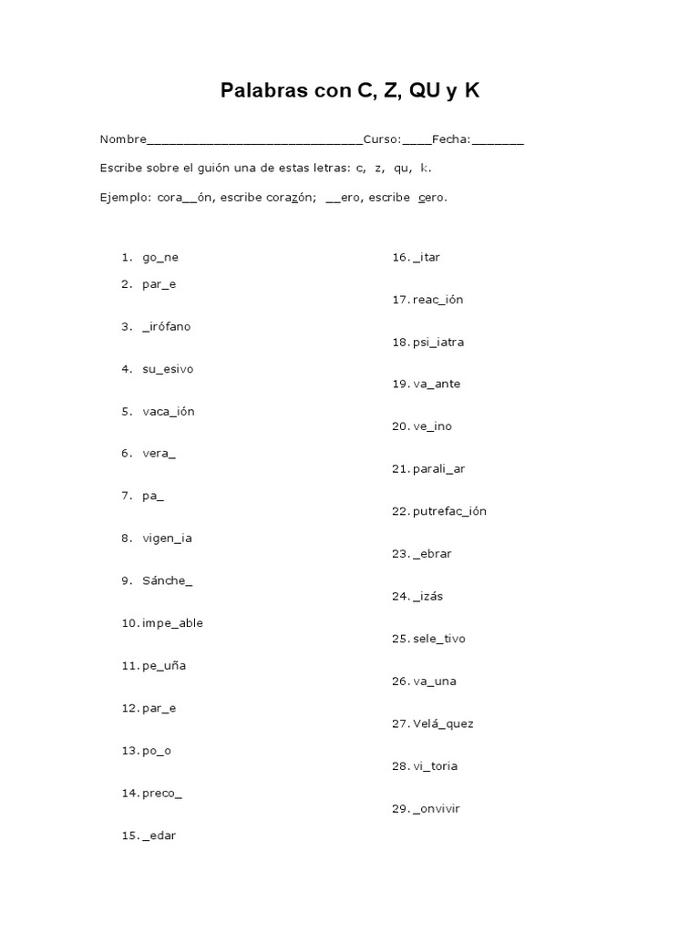 Palabras Con C, Z, QU y K | PDF