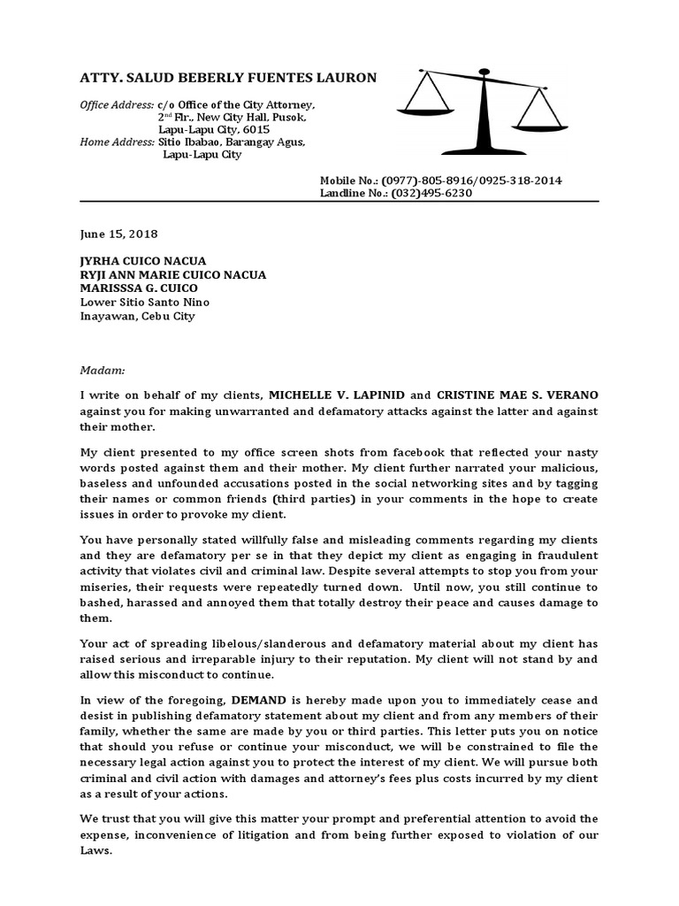 Demand Letter for Defamation | PDF | Defamation | Virtue