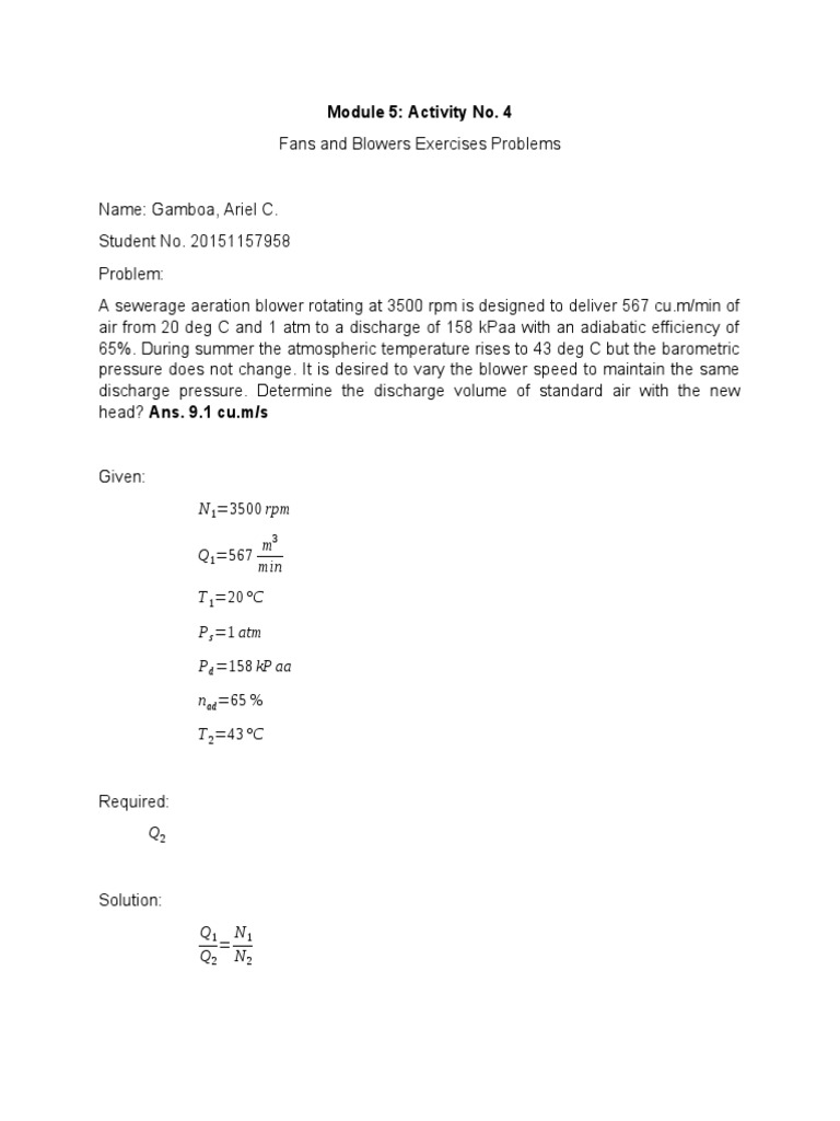 Exercises Problem 6 Fans and Blowers | PDF