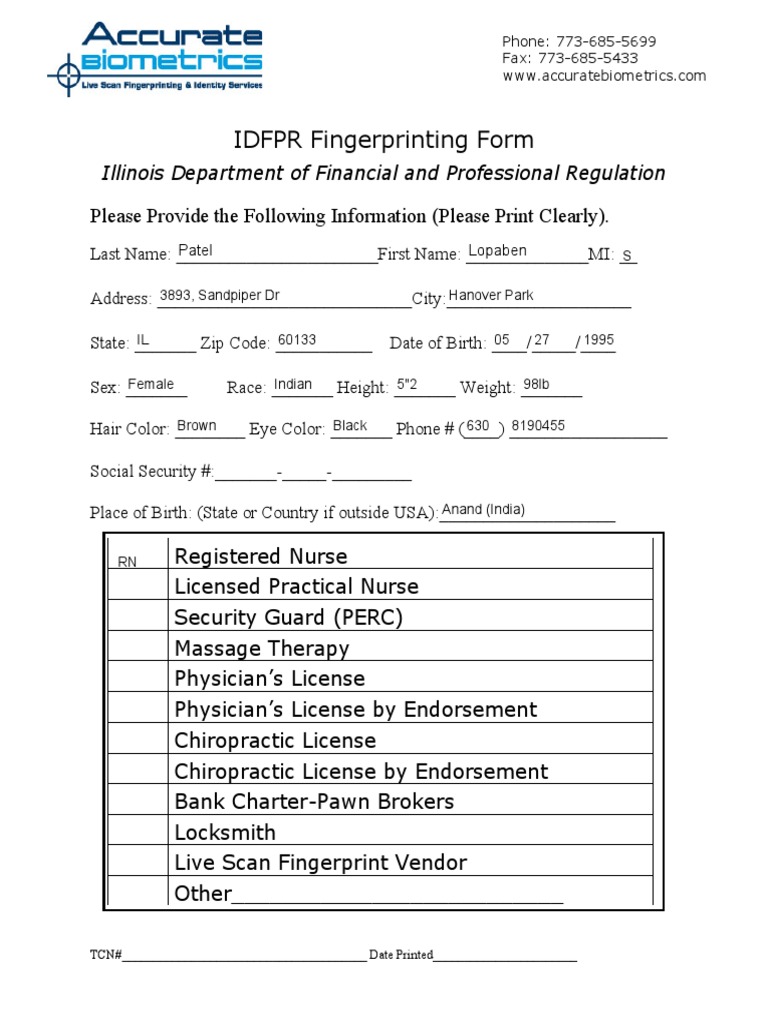 IDFPR Fingerprinting Form | PDF