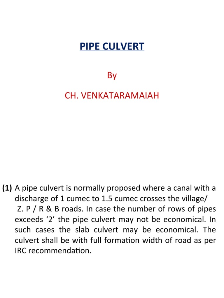 Pipe Culvert: by Ch. Venkataramaiah | PDF | Pipe (Fluid Conveyance ...