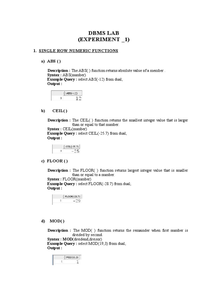 Dbms Lab (Experiment - 1) : 1. Single Row Numeric Functions A) ABS | PDF | String (Computer ...