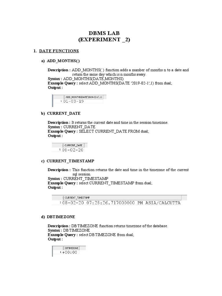 Dbms Lab (Experiment - 2) : 1. Date Functions | PDF | Databases | Computer Programming