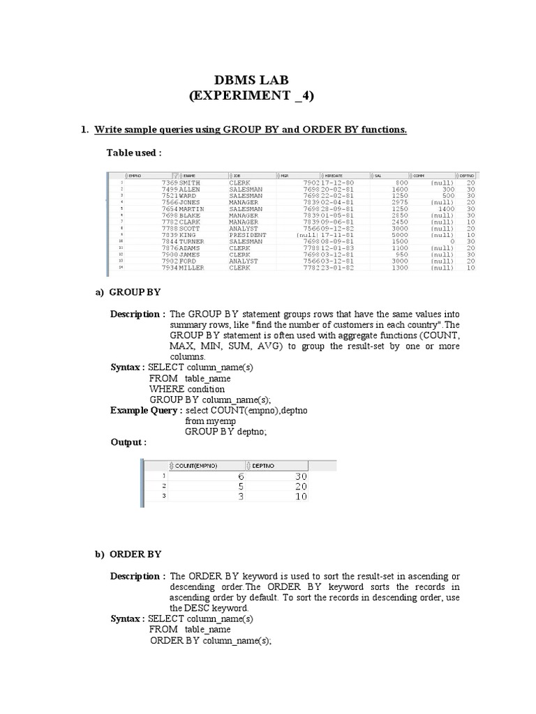Dbms Lab (Experiment - 4) : 1. Write Sample Queries Using GROUP BY and ORDER BY Functions. Table ...