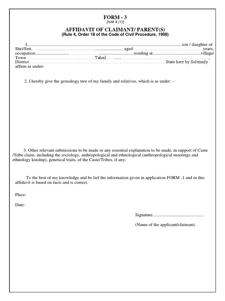 Form - 3 Affidavit of Claimant/ Parent (S) : (Rule 4, Order 18 of The ...