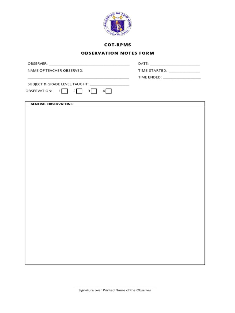 Form COT-RPMS Observation Notes Form