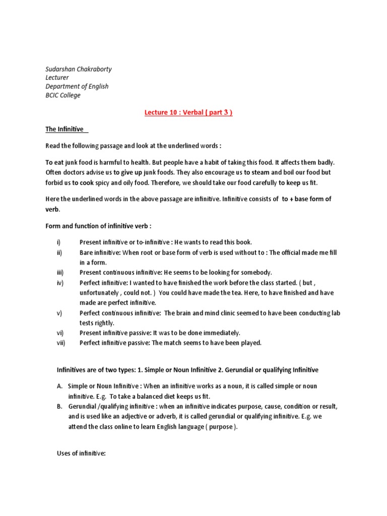 Lecture 10: Verbal (Part 3) : Sudarshan Chakraborty Lecturer Department ...