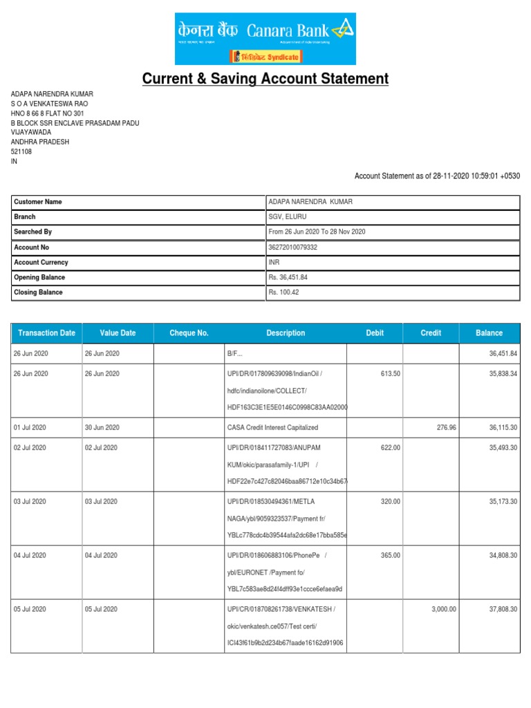 Current & Saving Account Statement | PDF | Payments | Debit Card