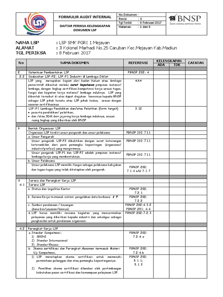Formulir Audit Internal LSP 2017 | PDF