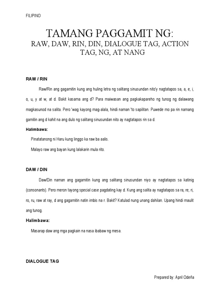 Filipino - Tamang Paggamit NG Raw, Rin, Daw, Rin, Dialogue Tag, Action Tag, Nang at NG | PDF
