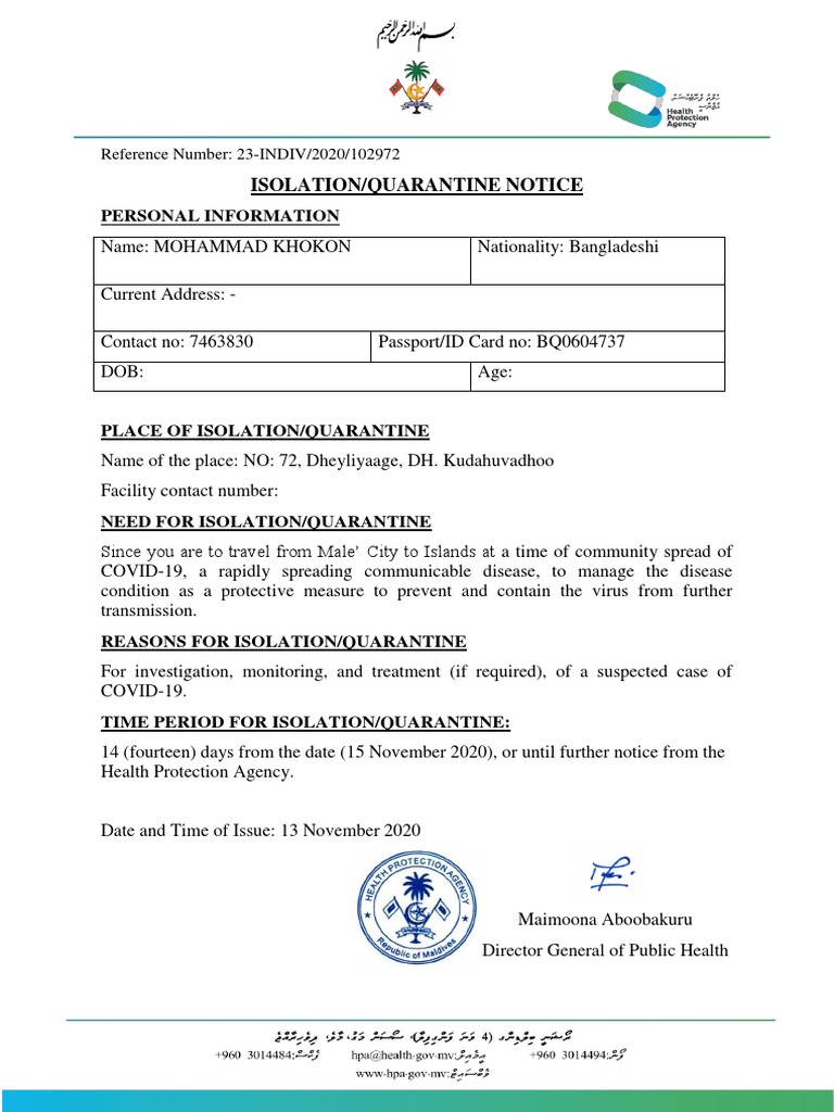 Isolation/Quarantine Notice: Personal Information | PDF | Quarantine ...