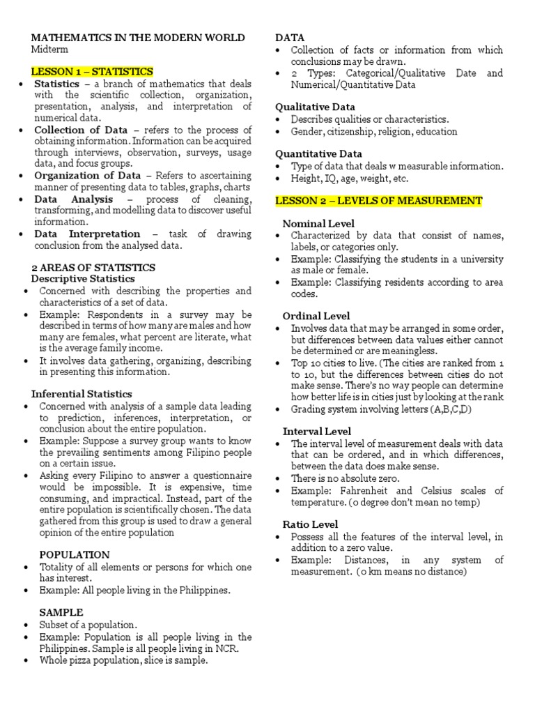 MMW MidTerm RevMat | PDF | Mean | Statistics
