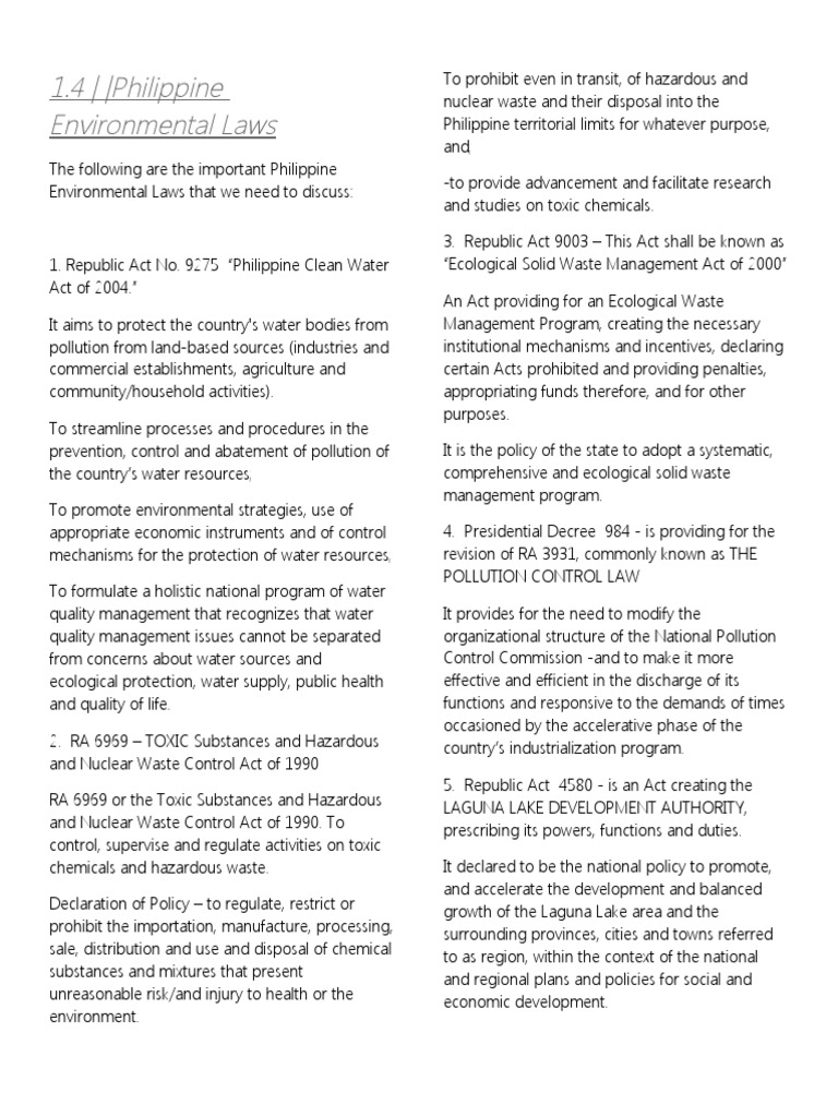 Philippine Environmental Laws Overview | PDF | Metro Manila | Pollution