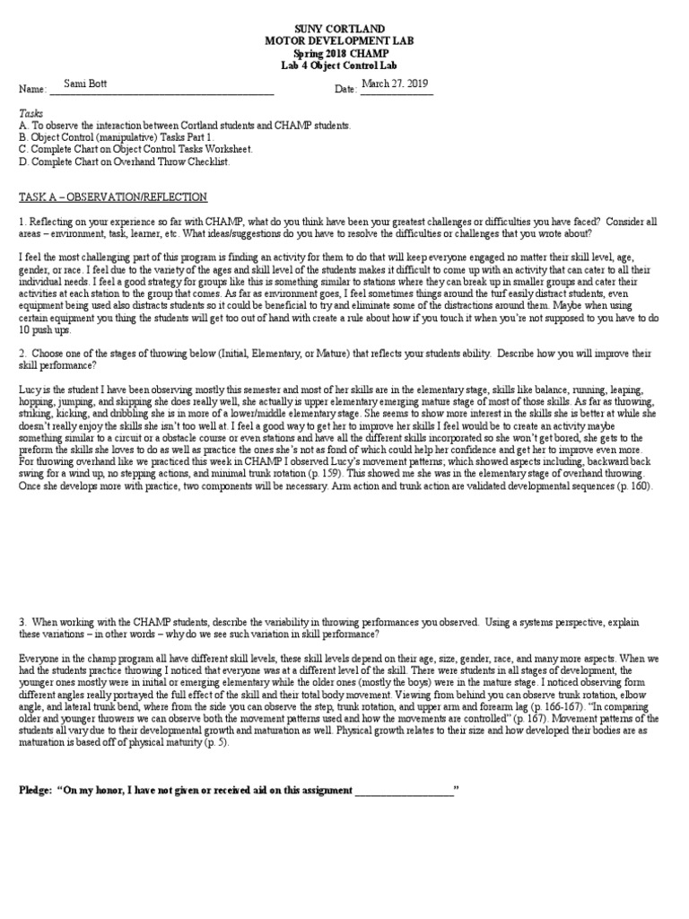 Tasks: Suny Cortland Motor Development Lab Spring 2018 CHAMP Lab 4 ...