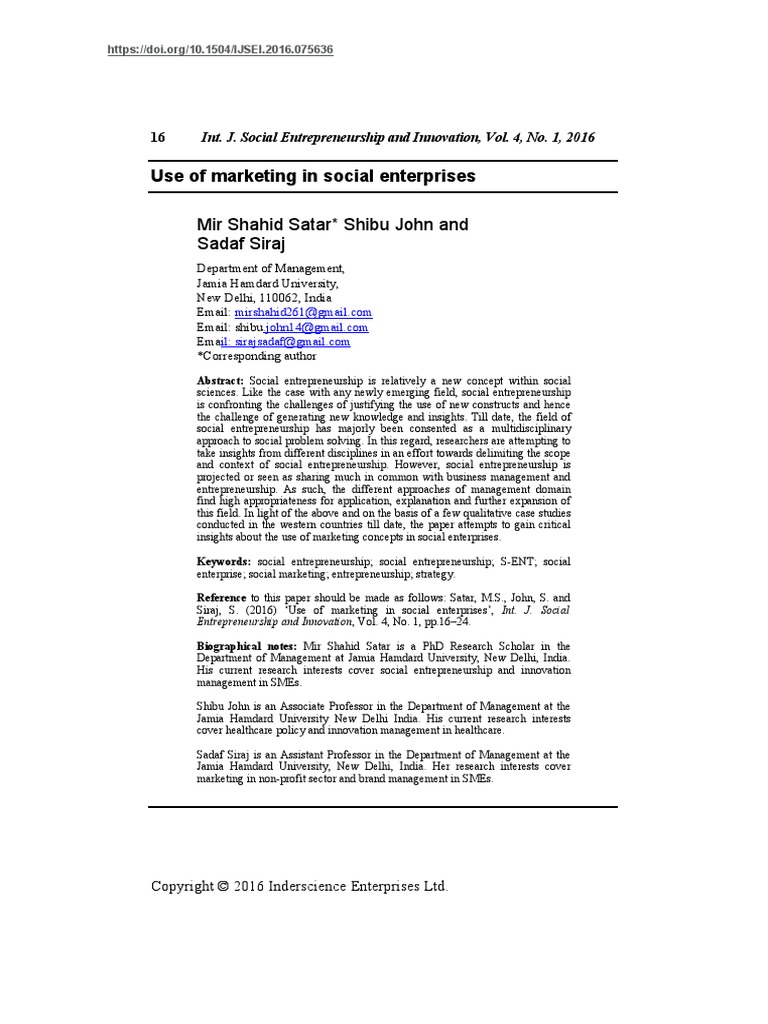 Use of Marketing in Social Enterprises: Mir Shahid Satar Shibu John and ...