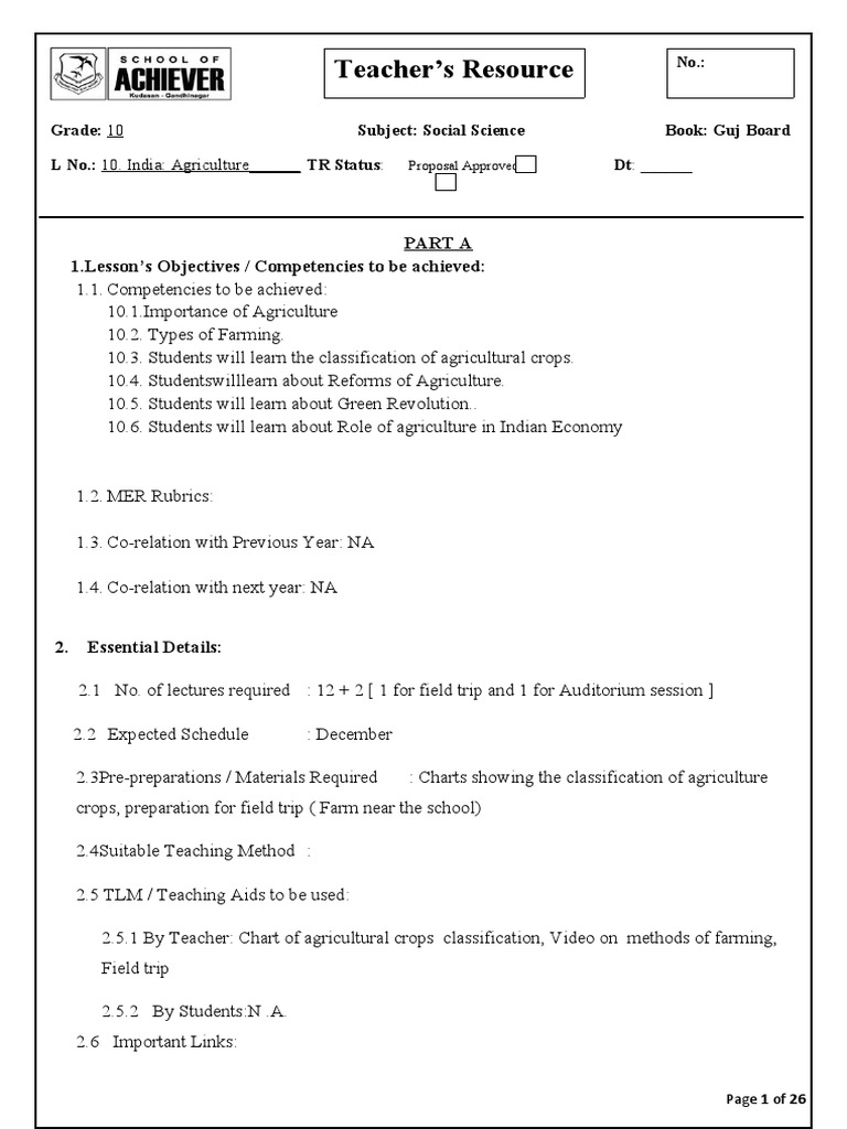 Class 10 Agriculture Lesson Plan | PDF | Green Revolution | Agriculture