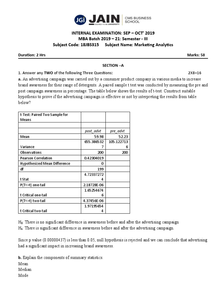 MBA Marketing Analytics Exam Overview | PDF | Analytics | Chi Squared Test