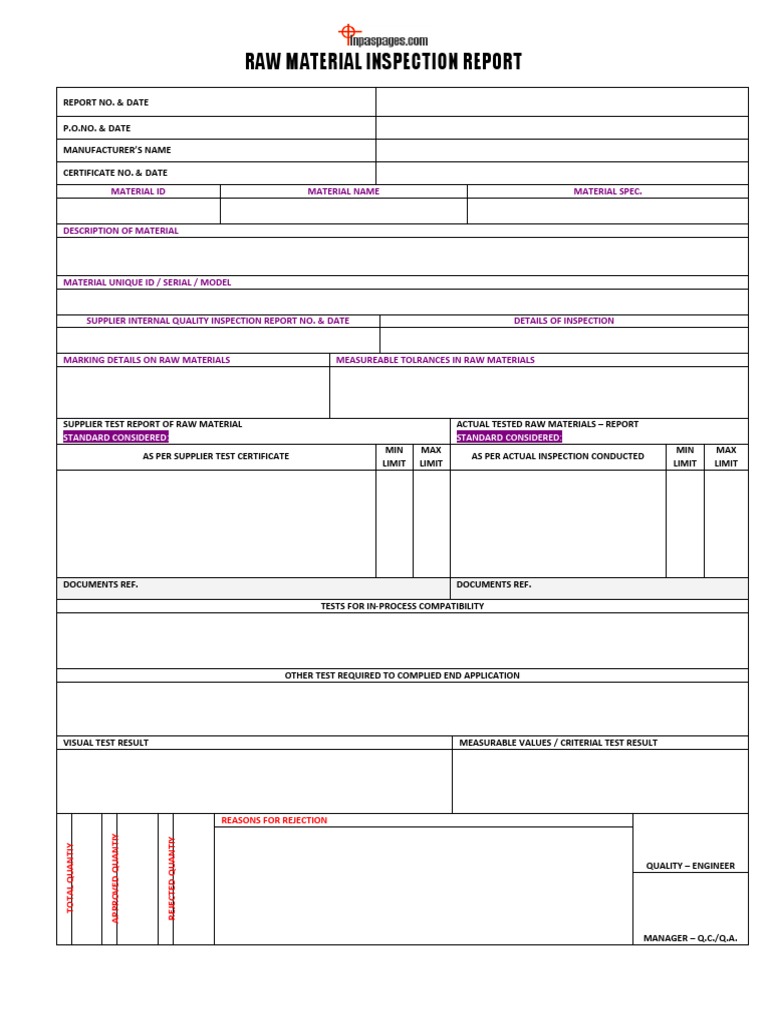Raw Material Inspection Report: Material Id Material Name Material Spec ...