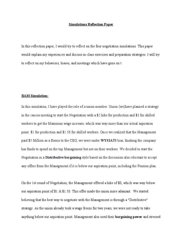 FINAL Simulations Reflection Paper | PDF | Negotiation | Employment