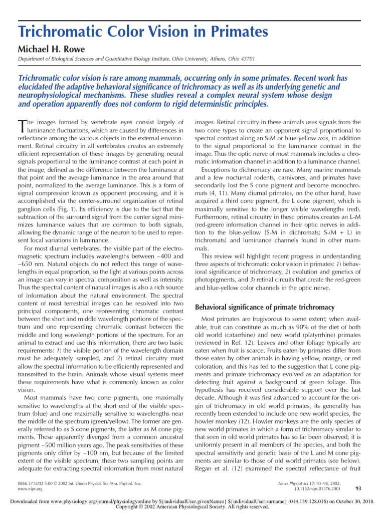 Jdarago2002 - Trichromatic Color Vision in Primates | PDF | Retina | Color