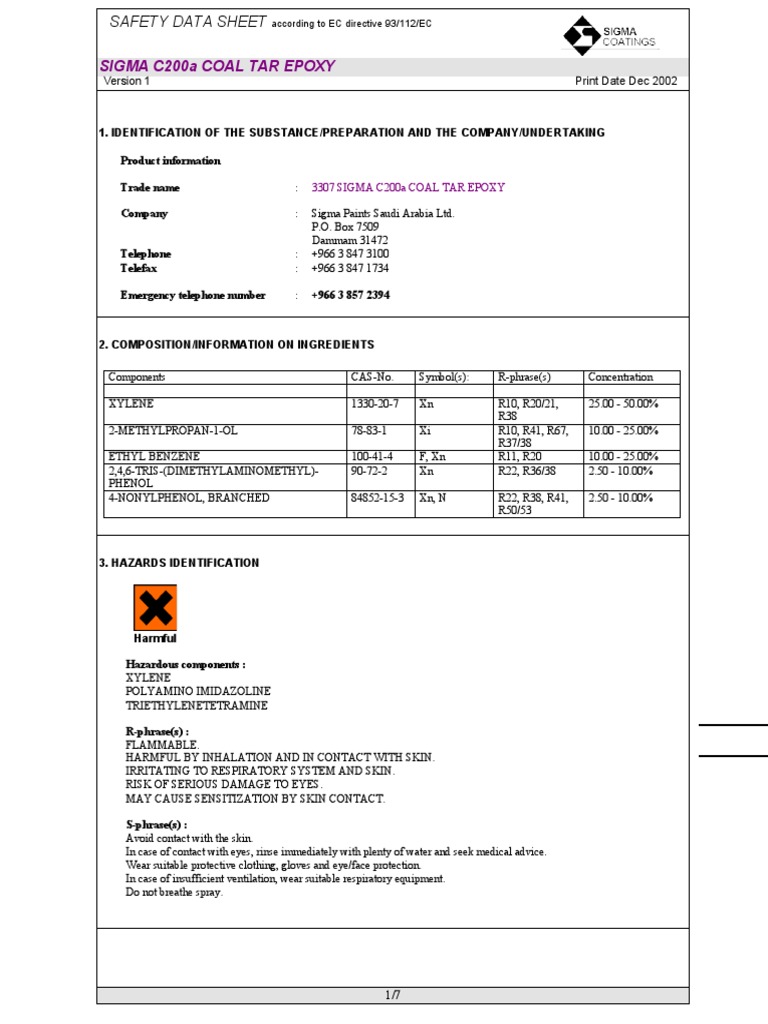 Safety Data Sheet for Sigma C200a Coal Tar Epoxy | PDF | Firefighting ...