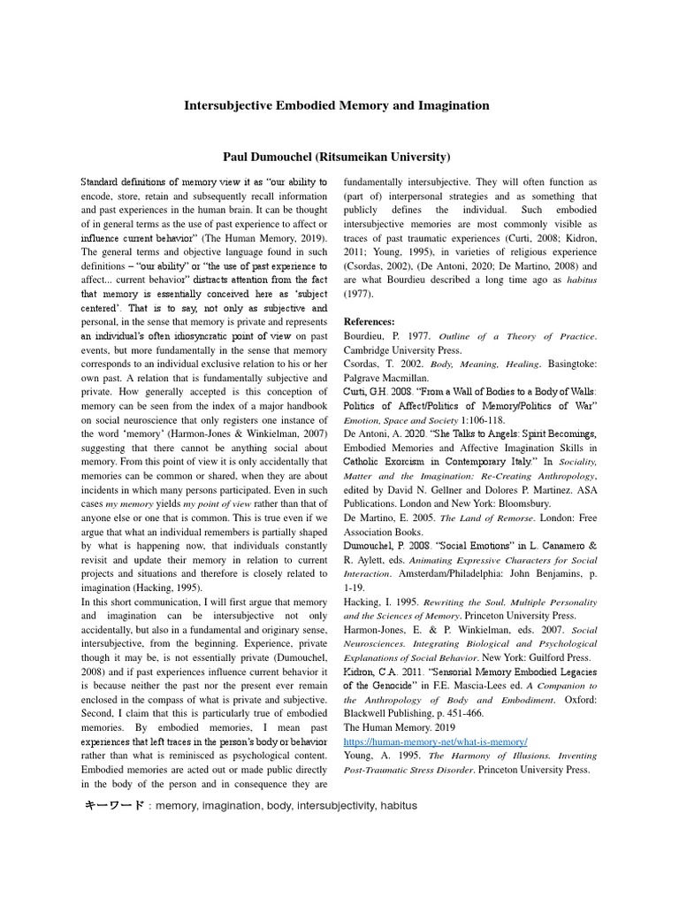 Intersubjective Embodied Memory and Imagination: Paul Dumouchel ...